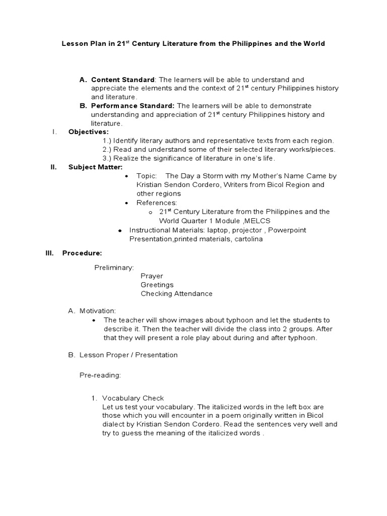 21st Century Bicolano Literature Lesson | PDF | Lesson Plan | Cognition
