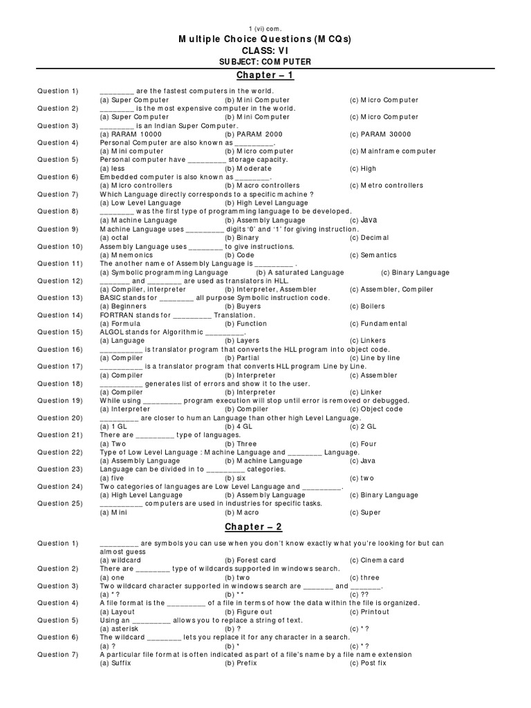 Multiple Choice Questions (MCQS) Class: Vi Chapter - 1: Subject: Computer | PDF | Computer ...