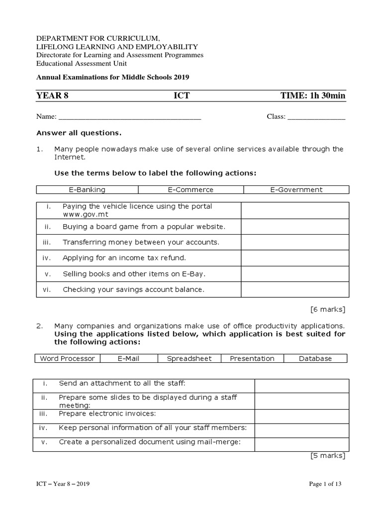 Year 8 ICT TIME: 1h 30min: Annual Examinations For Middle Schools 2019 ...
