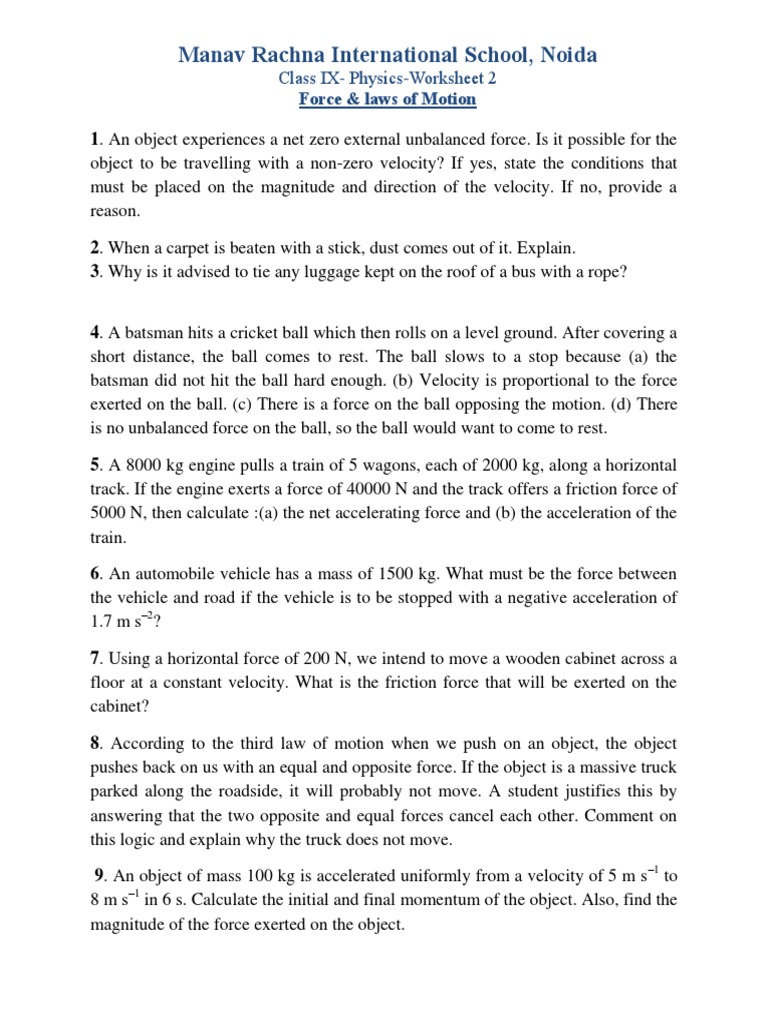 Worksheet 2 IX - Physics - Force & Law of Motion | PDF | Force | Acceleration
