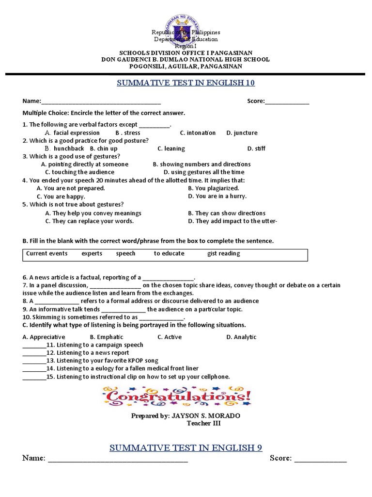 English 10 Summative Test Guide | PDF | Mental Health