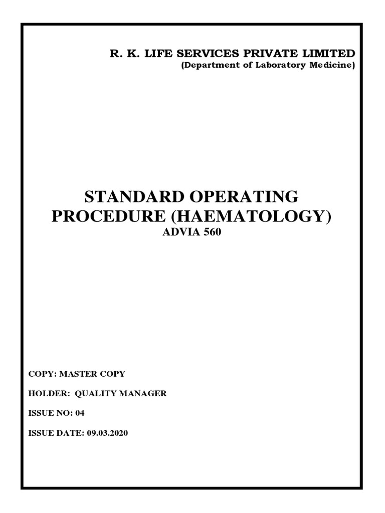 Standard Operating Procedure (Haematology) : R. K. Life Services Private Limited | PDF | Medical ...