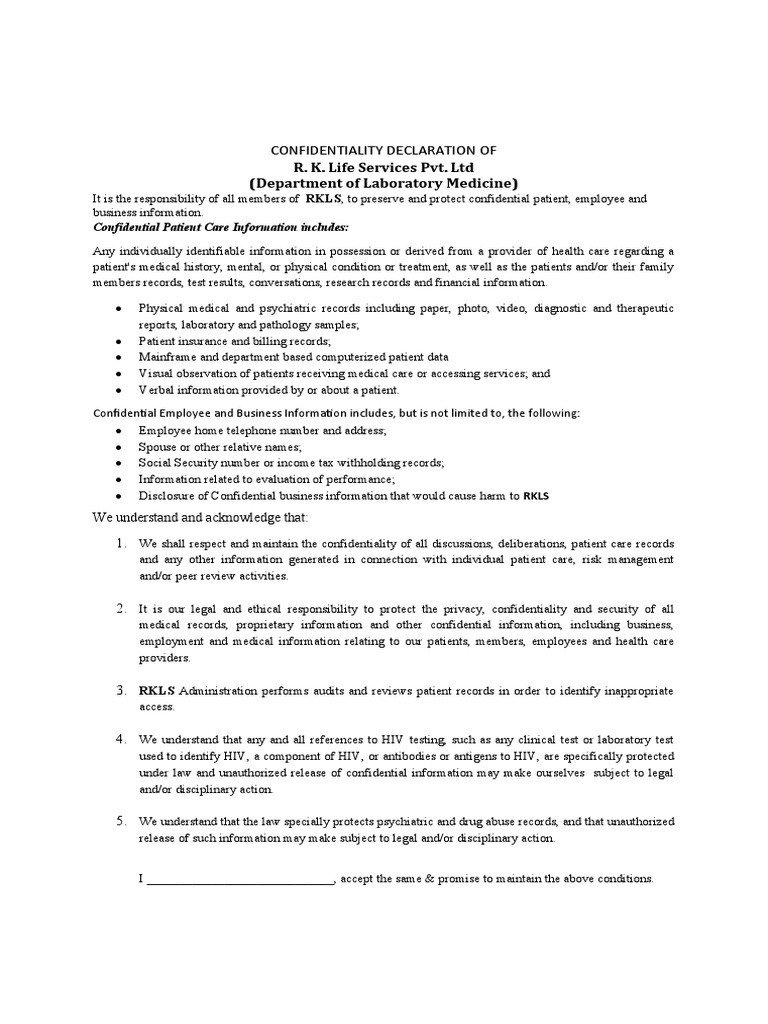 Confidentiality Declaration Of: R. K. Life Services Pvt. LTD ...