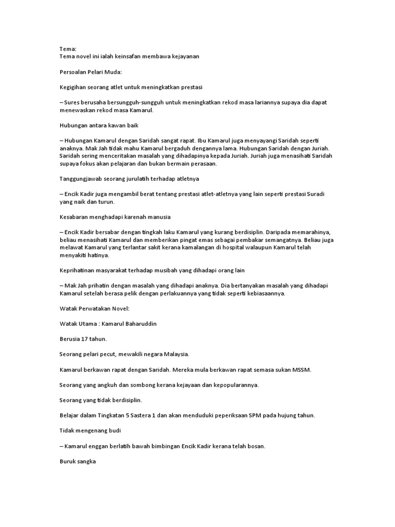 Tema, Persoalan Dan Watak Perwatakan Pelari Muda | PDF