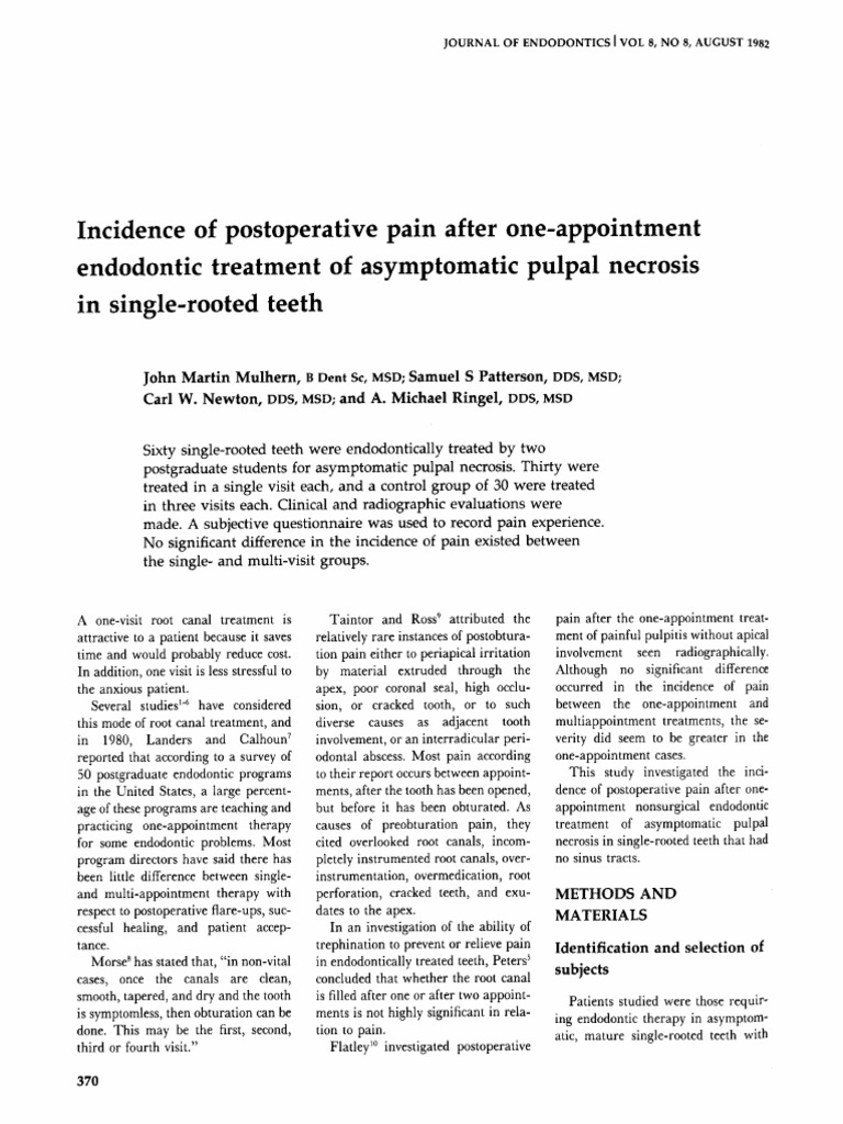 Incidence of Post Op Pain After 1 Appointment Endodontic Treatment of ...