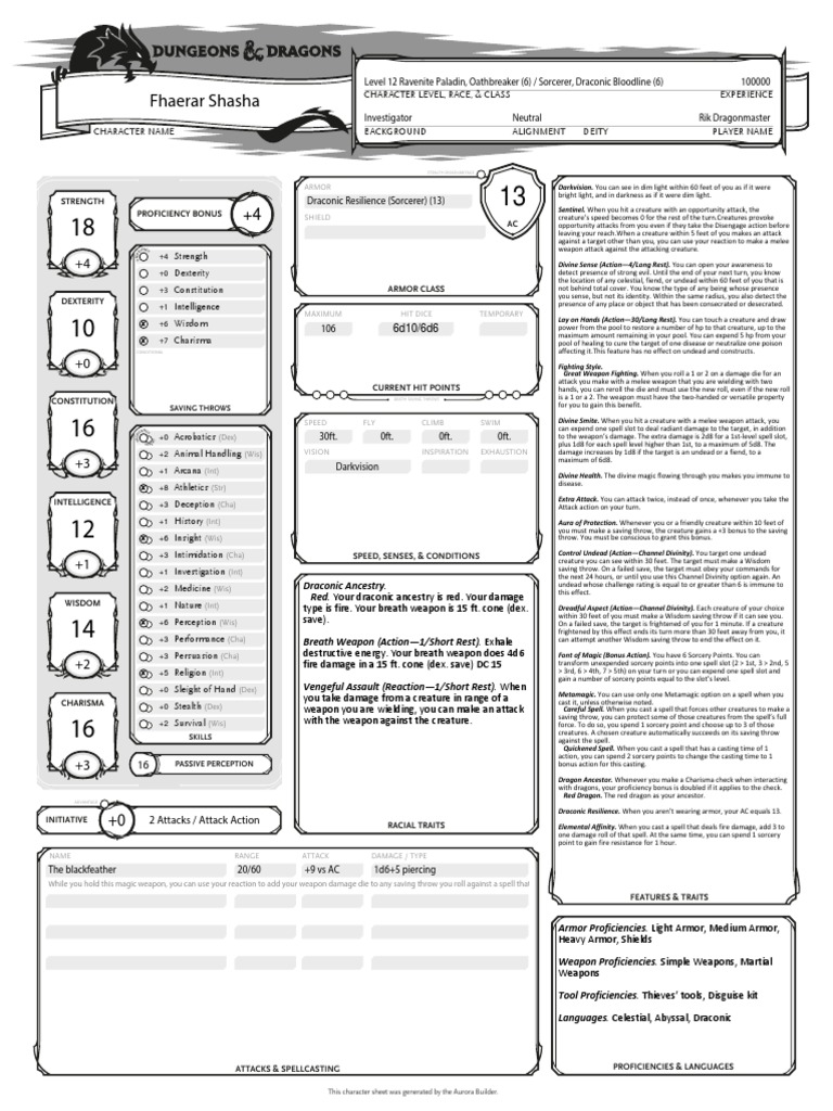 Character Sheet for Fhaerar Shasha, a Level 12 Ravenite Paladin ...