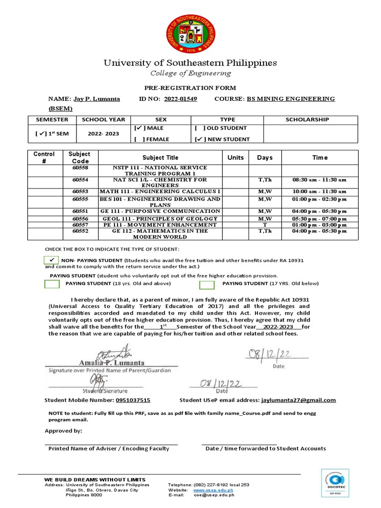 BS Mining Engineering Bsem - Lumanta - 2022 01549 - PRF | PDF