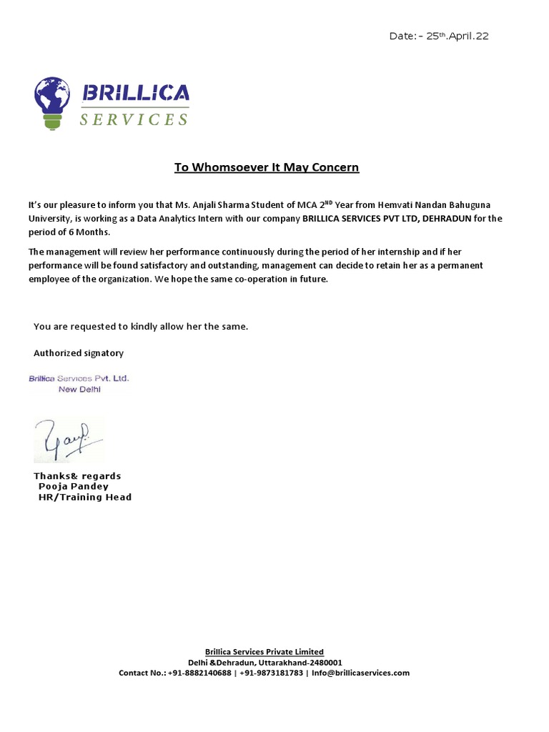 Letter of Recommendation for Ms. Anjali Sharma documenting her ...