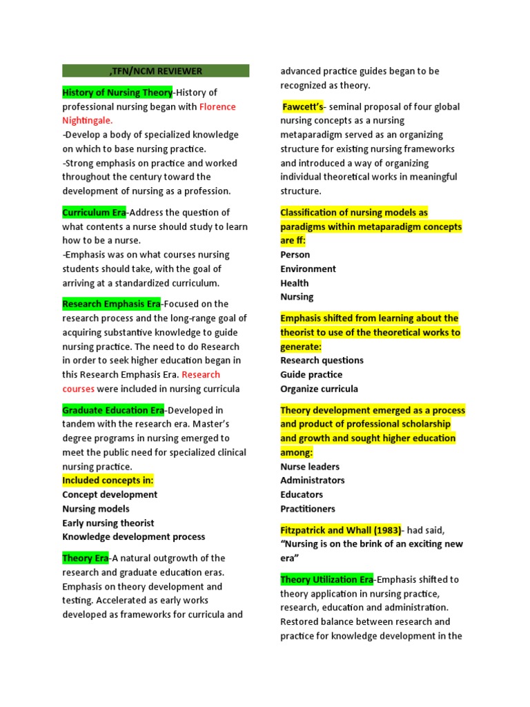 TFN Reviewer | PDF | Nursing | Theory
