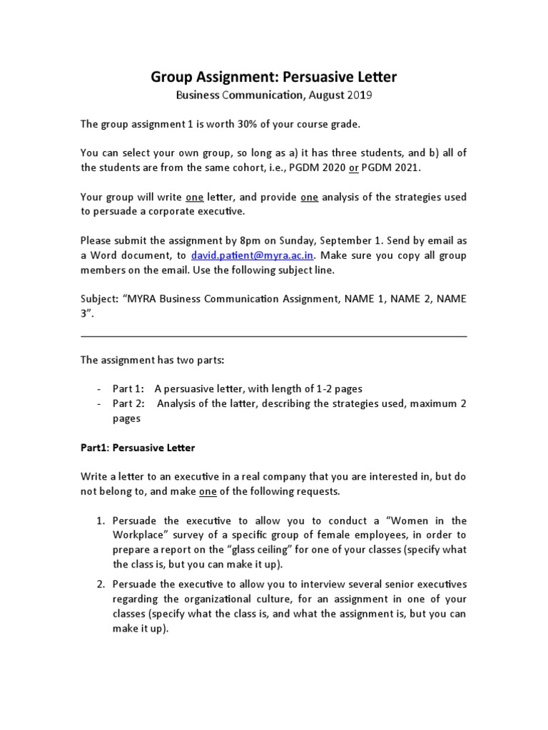 MYRA Business Communication 2019, Persuasive Letter Assignment, Due ...