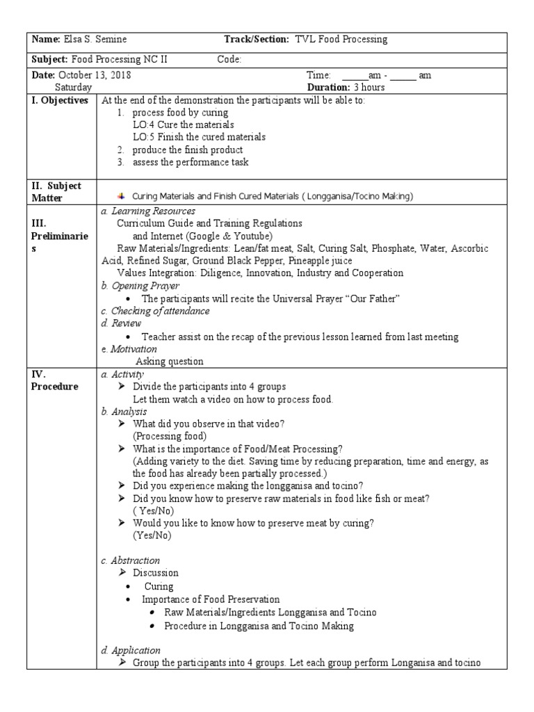 Lesson Plan On Food Processing Compress | PDF | Curing (Food ...