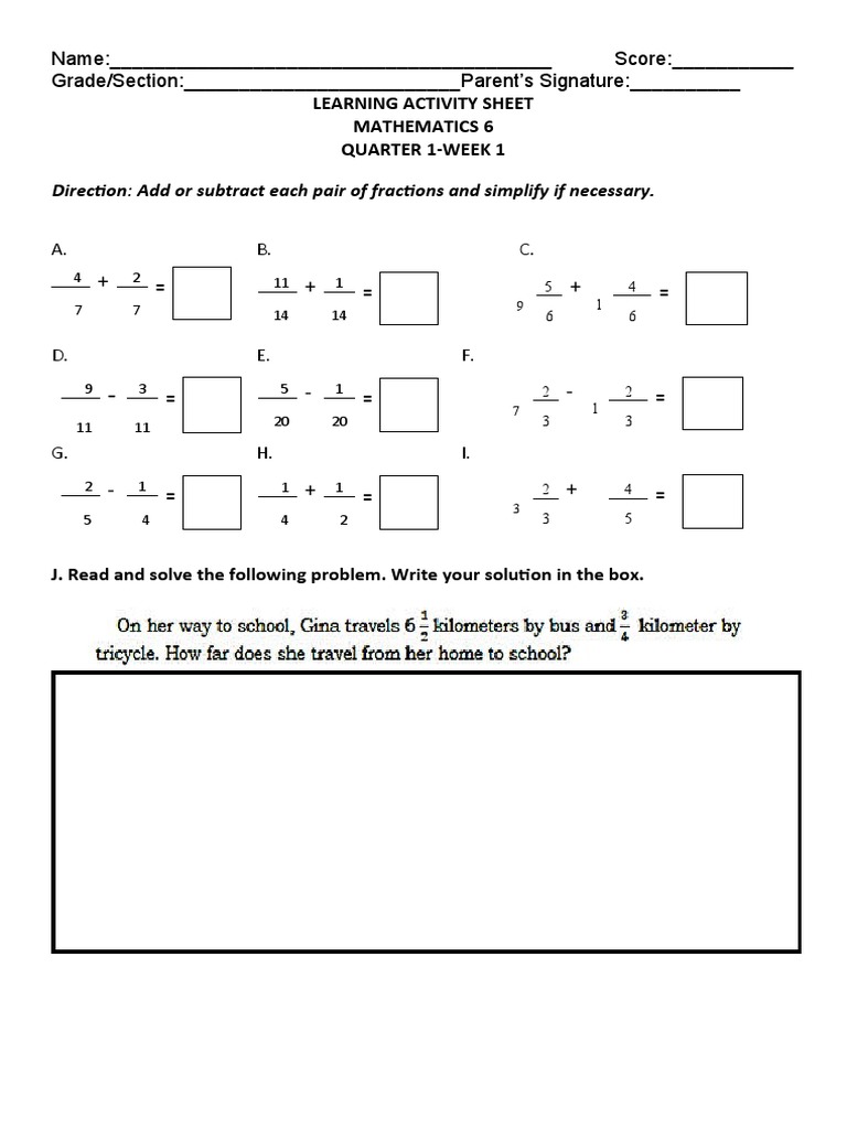 Direction: Add or Subtract Each Pair of Fractions and Simplify If ...