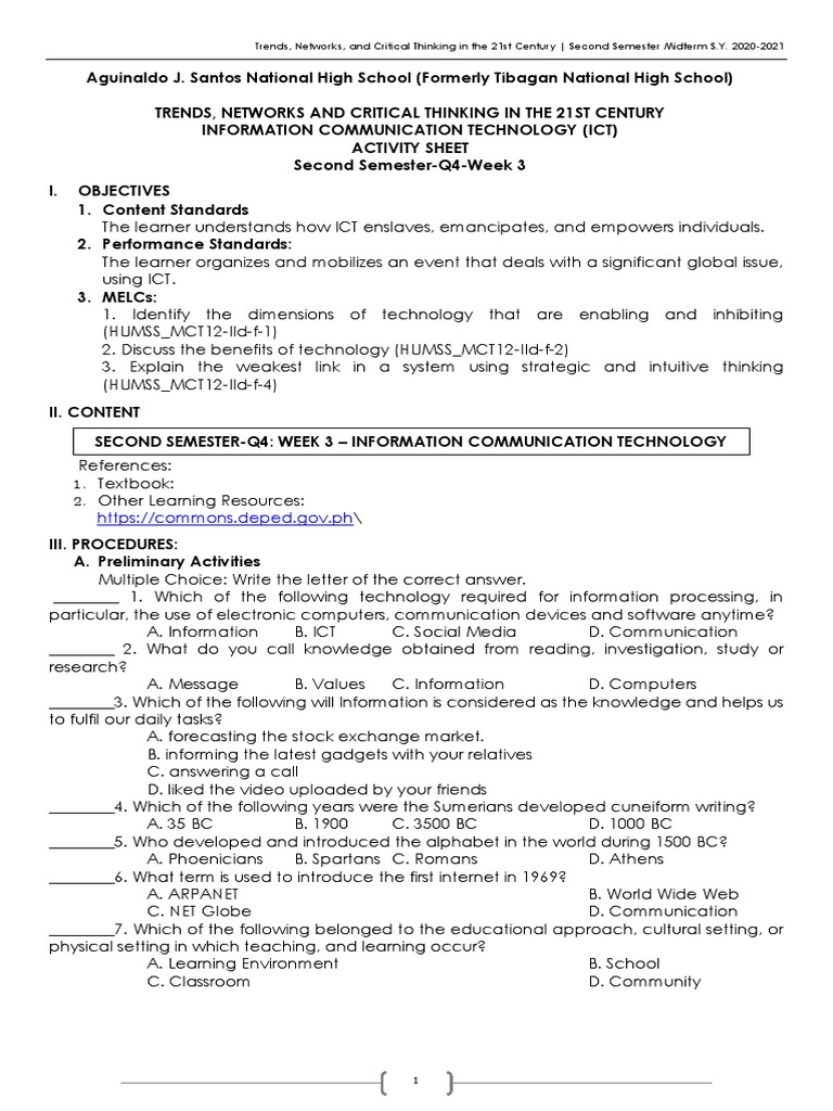 Trends, Networks, and Critical Thinking in The 21st Century - Second Semester Midterm S.Y. 2020 ...