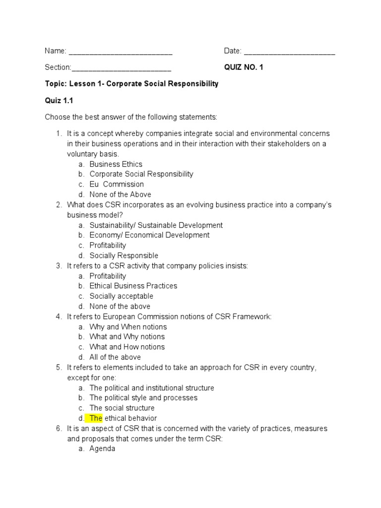 Quiz 1.1 CSR | PDF | Corporate Social Responsibility | Economies
