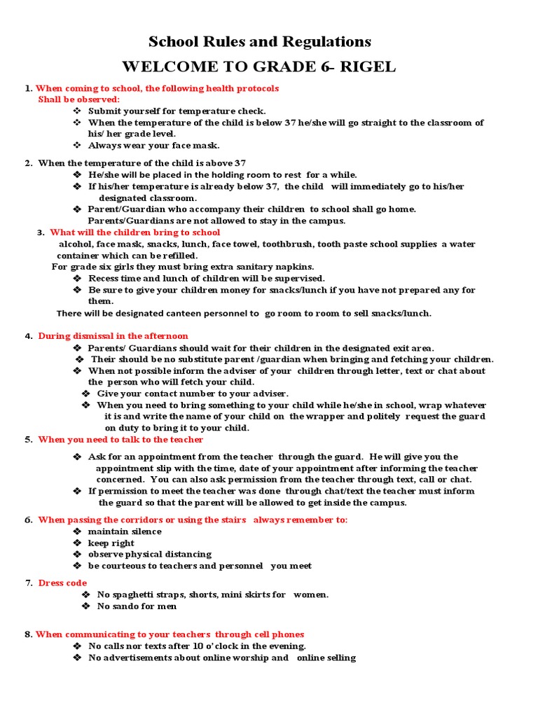 Grade 6 School Rules for Parents | PDF