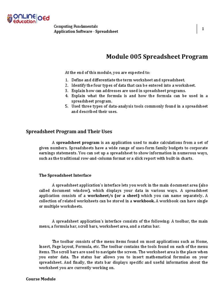 Module 5 (Computing Fundamentals) | PDF | Spreadsheet | Worksheet Module 5 (Computing Fundamentals) | PDF | Spreadsheet | Worksheet