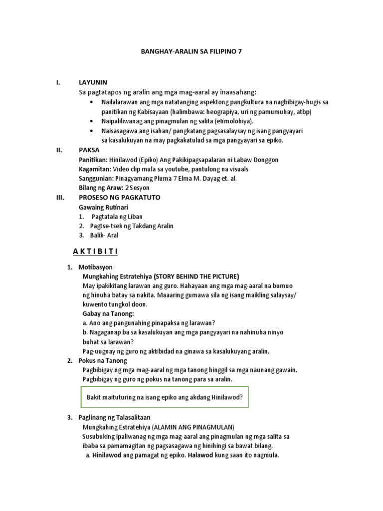 BANGHAY-aralin Sa Filipino 7 | PDF
