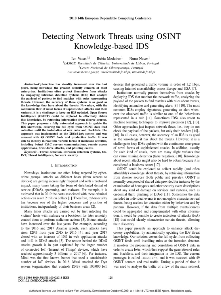 Detecting Network Threats Using OSINT Knowledge-Based IDS | PDF | Malware | Denial Of Service Attack