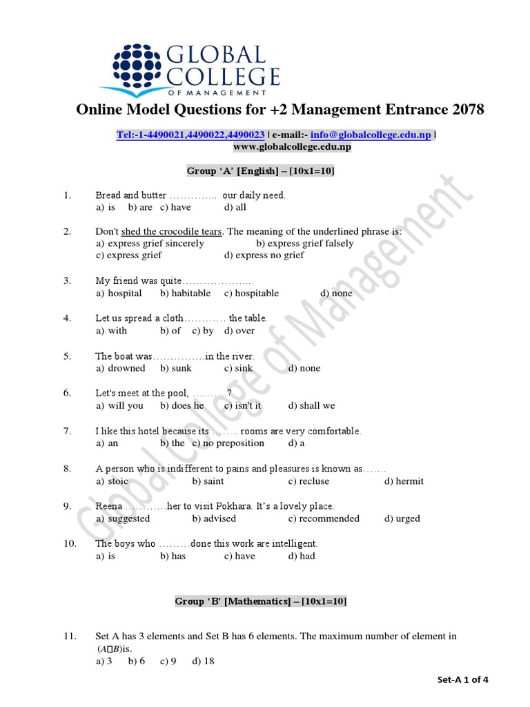 Entrance Model Question 2078 +2 Management | PDF | Teaching Methods ...