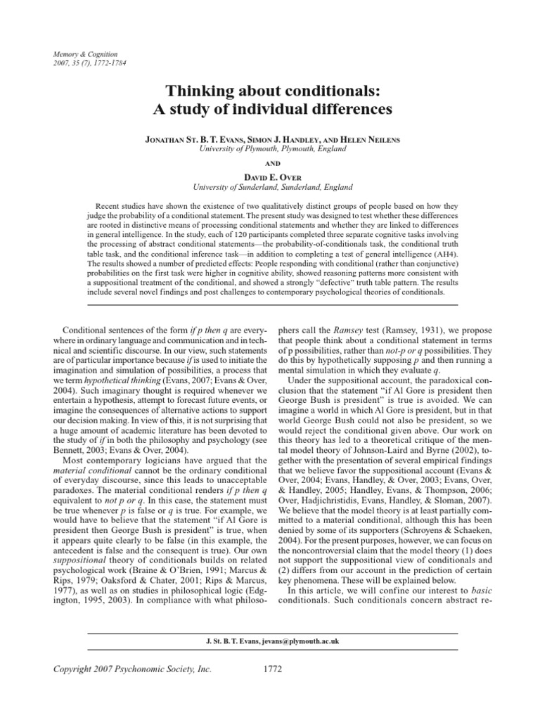 Thinking About Conditionals: A Study of Individual Differences | PDF | Theory | Truth