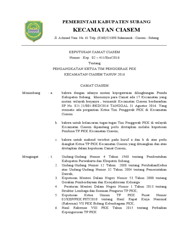 Pengangkatan Ketua TP PKK Ciasem 2016 | PDF