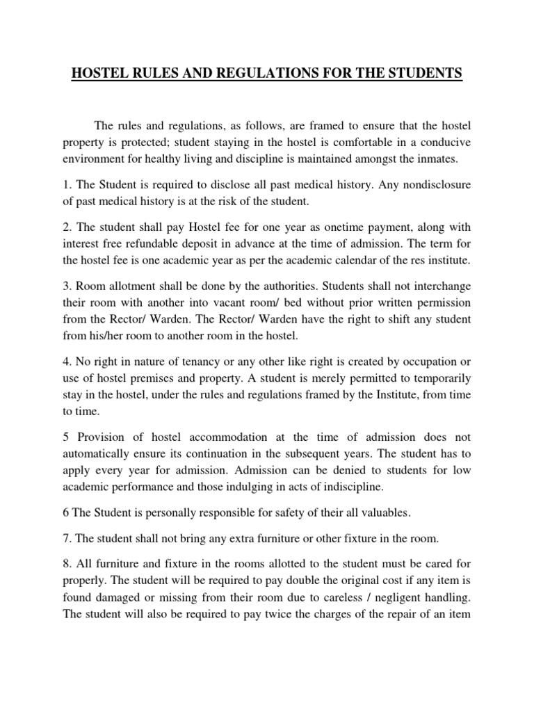 Hostel Rules and Regulations For The Students | PDF | Fee