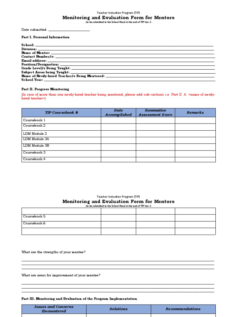 Monitoring and Evaluation Form For Mentors: Teacher Induction Program (TIP) | PDF | Mentorship ...