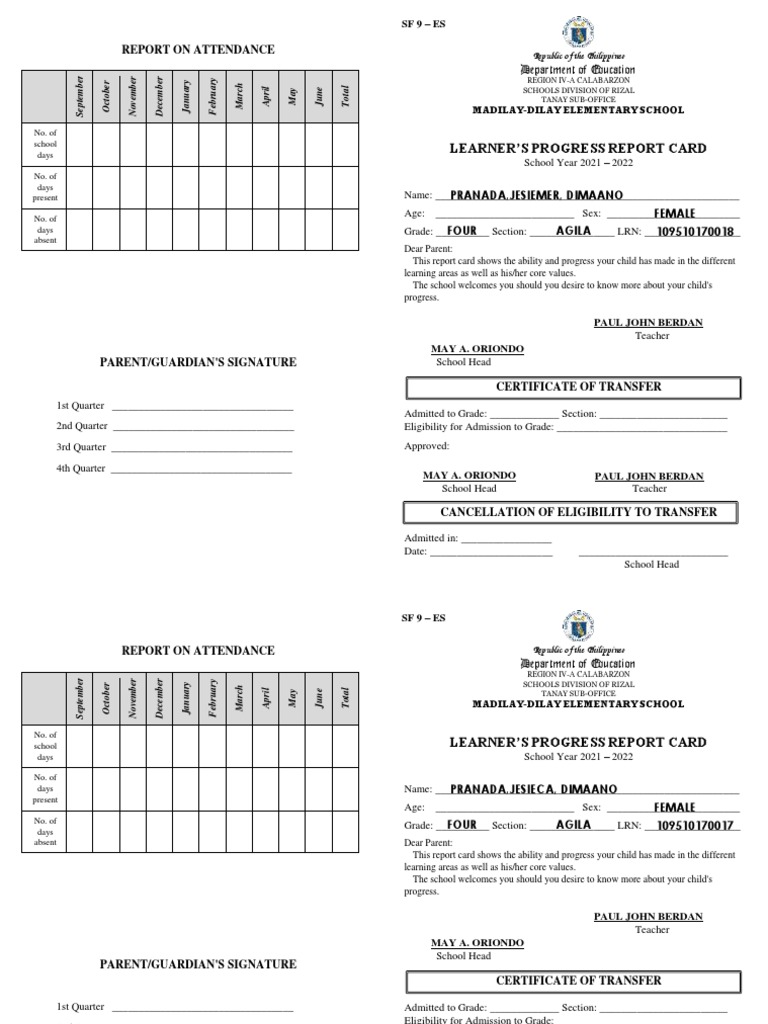 SF 9 Report Card | PDF | Public Services | Educational Assessment And ...