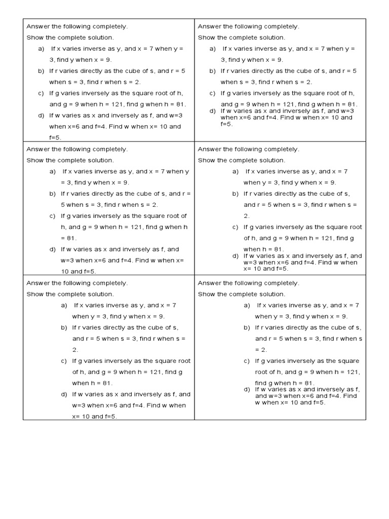 Inverse and Combined Variation Quiz | PDF | Mathematics