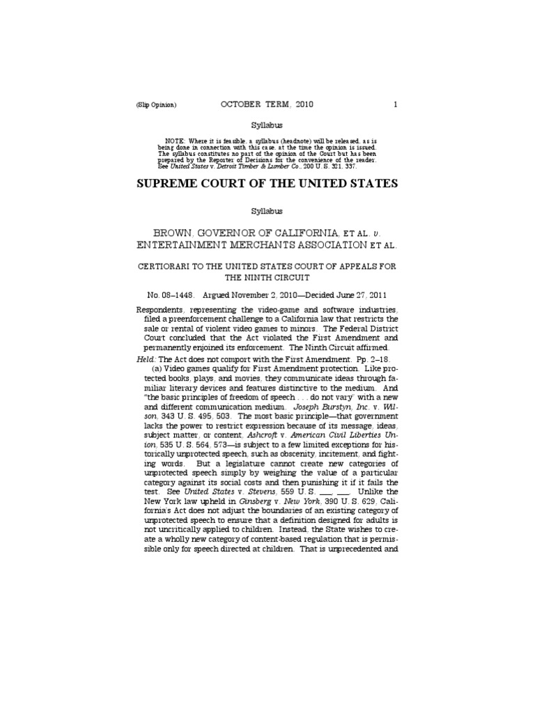 Supreme Court Ruling on Video Game Law | PDF | First Amendment To The ...