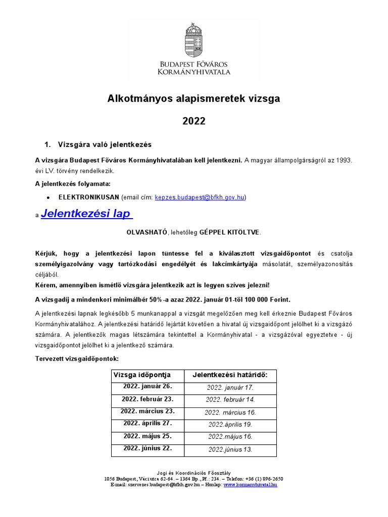 Alkotmányos Alapismeretek Vizsga 2022-Tájékoztató1 | PDF