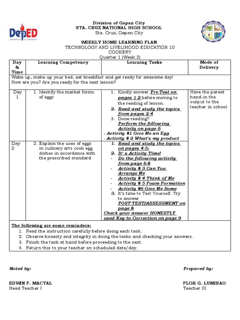 Division of Gapan City Sta. Cruz National High School Weekly Home Learning Plan | PDF | Learning ...