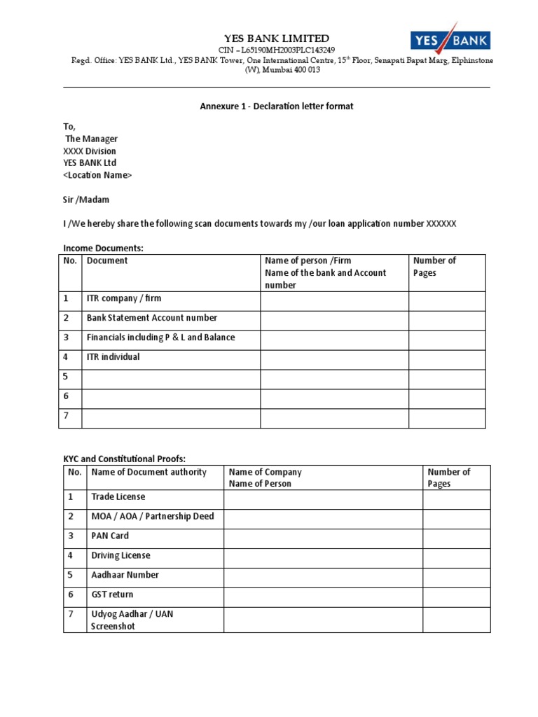 Annexure 1 - Declaration Letter Format: Yes Bank Limited | PDF | Banks ...