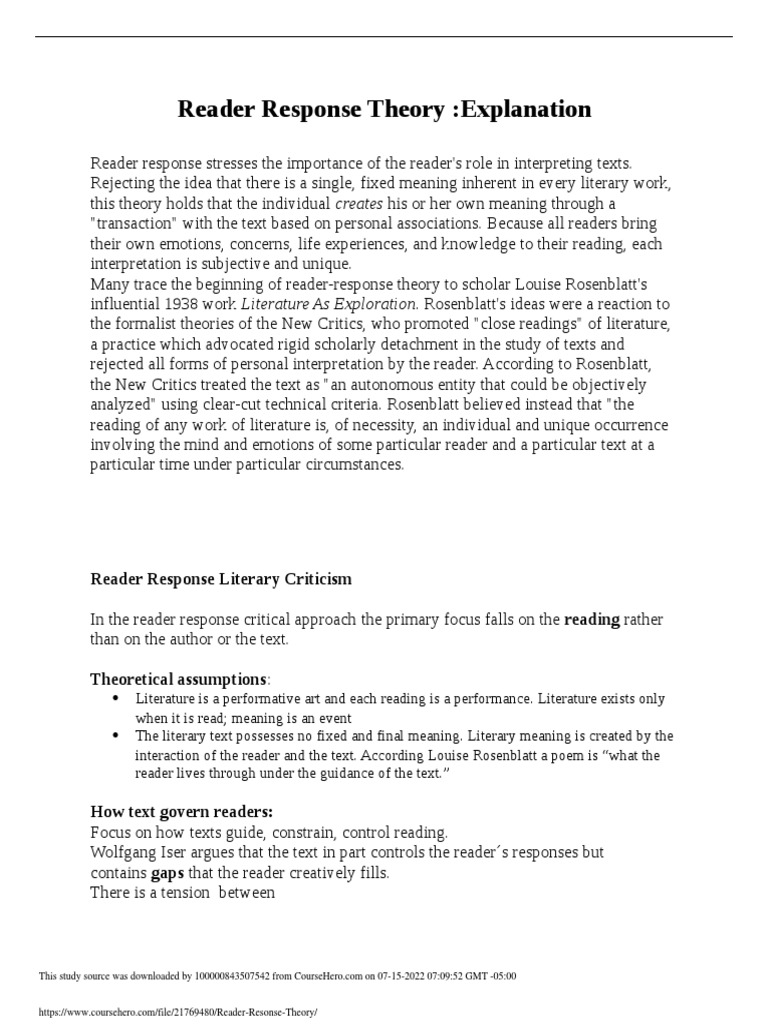 Reader Response Theory:Explanation | PDF | Cognitive Science | Psychological Concepts