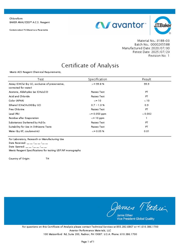 Certificate of Analysis | PDF | Chlorine | Materials