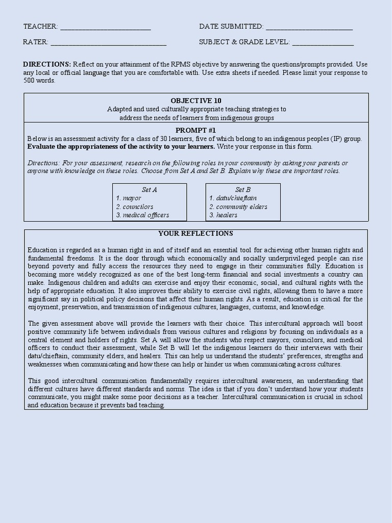 DIRECTIONS: Reflect On Your Attainment of The RPMS Objective by ...