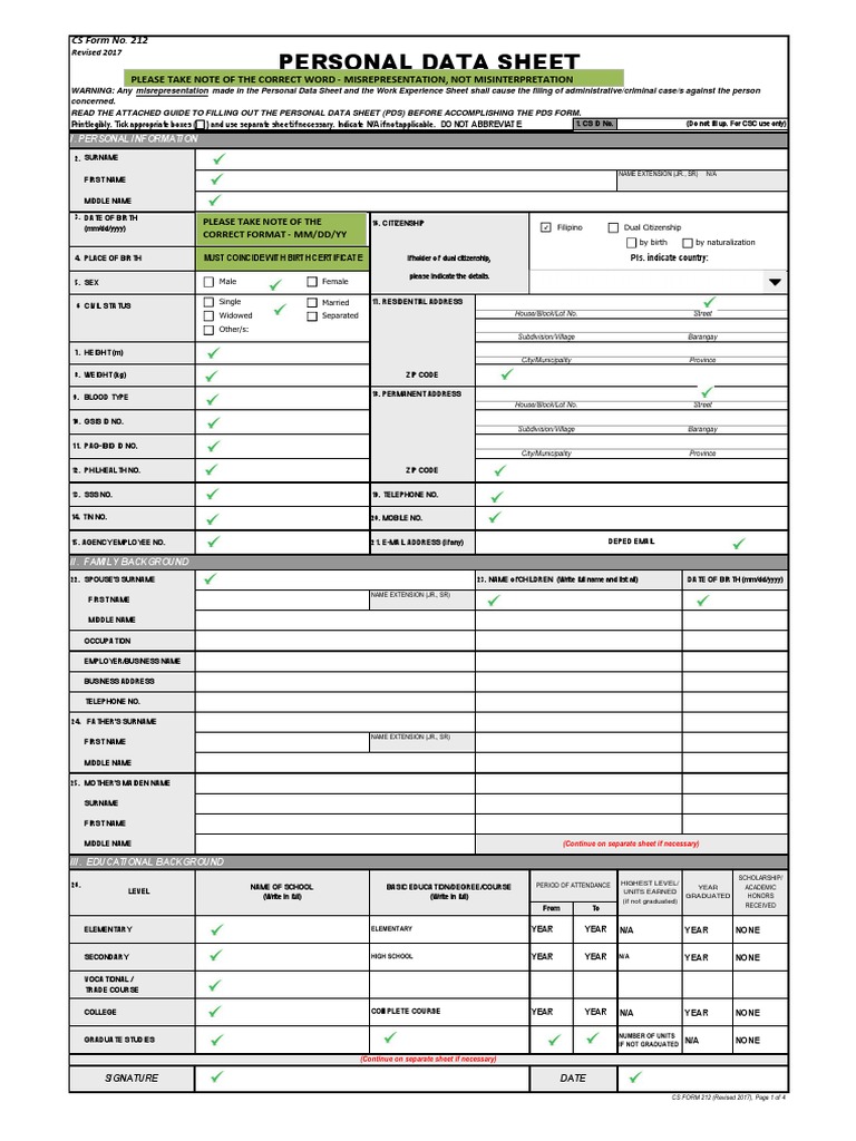 Personal Data Sheet: Please Take Note of The Correct Word ...
