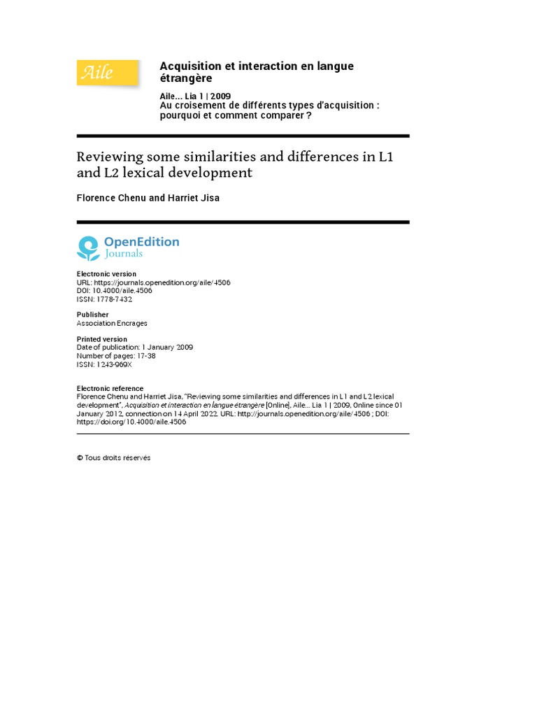 Reviewing Some Similarities and Differences in L1 and L2 Lexical Development | PDF | Second ...