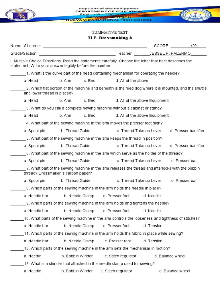 First Summative Test TLE 8 Dressmaking | PDF | Sewing Machine ...