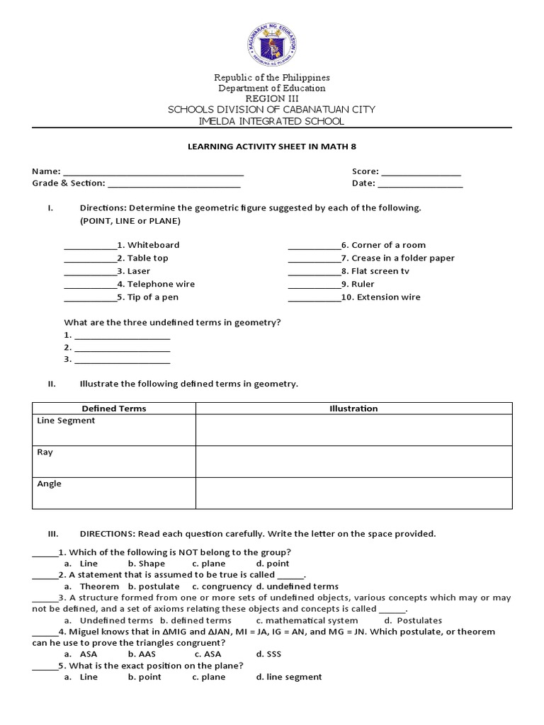 Determining Geometric Shapes and Concepts: A Learning Activity Sheet on Geometry | PDF ...