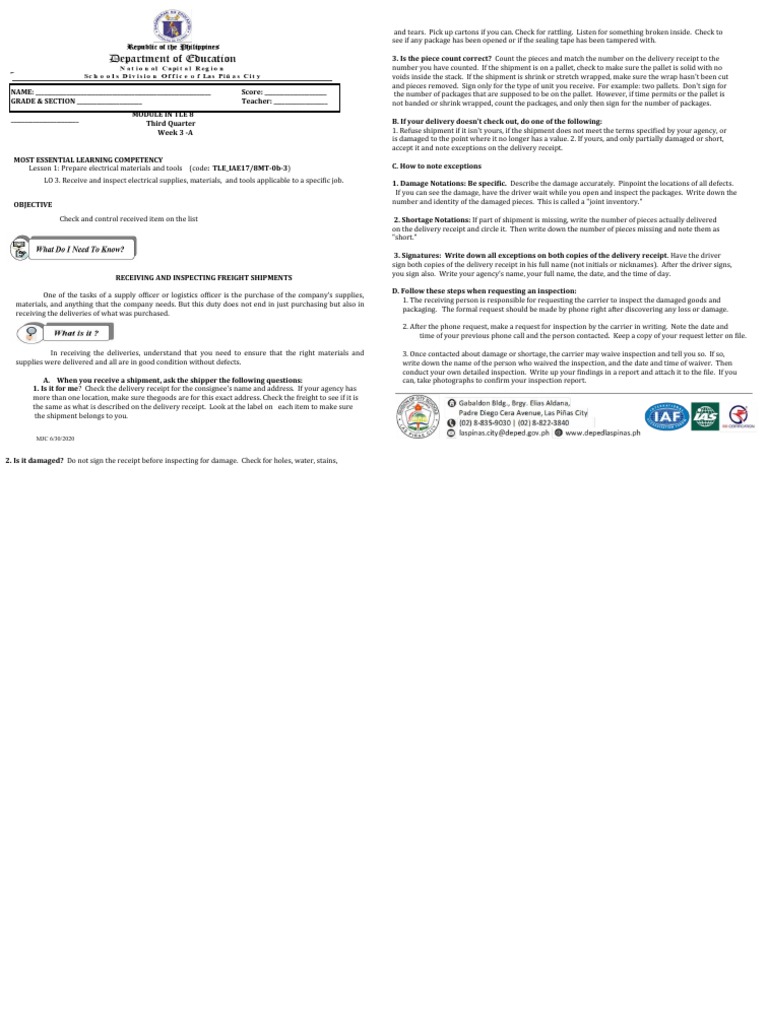 Module Grade8 Lesson1 LO3 Week3 A | PDF | Electrical Wiring | Components