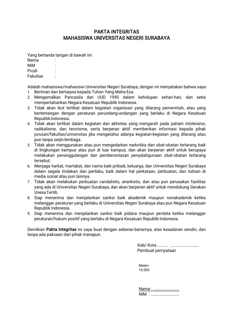 Pakta Integritas Mahasiswa Unesa 2025 | PDF