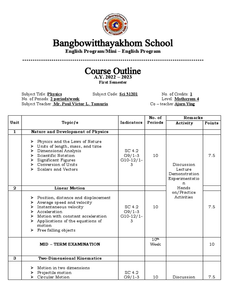 M4 - 3 - Physics - Course Outline | PDF | Velocity | Force