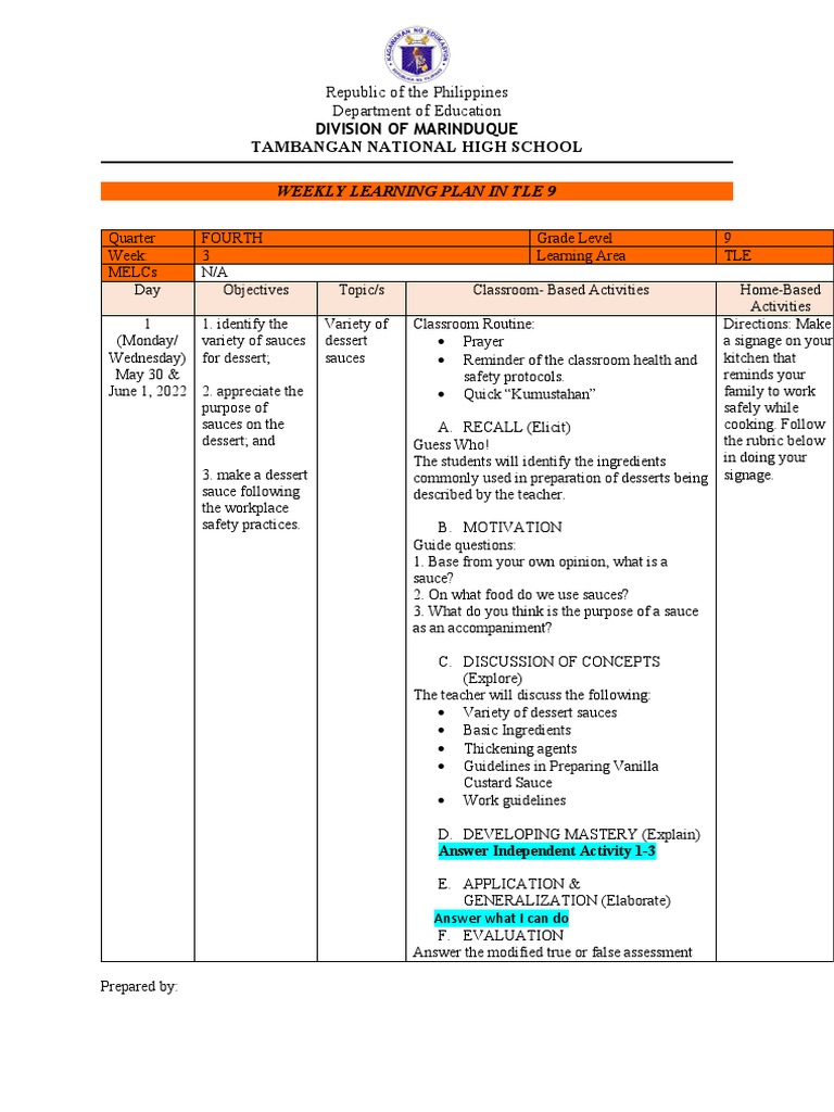 Division of Marinduque Tambangan National High School: Weekly Learning Plan in Tle 9 | PDF ...