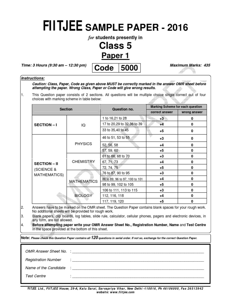 Fiitjee: Sample Paper - 2016 Class 5 | PDF | Triangle | Soil