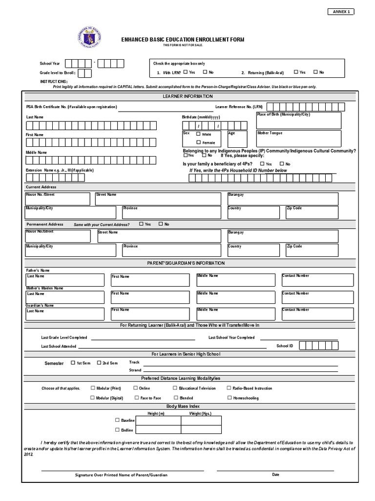 Enhanced Basic Education Enrollment Form: Learner Information | PDF