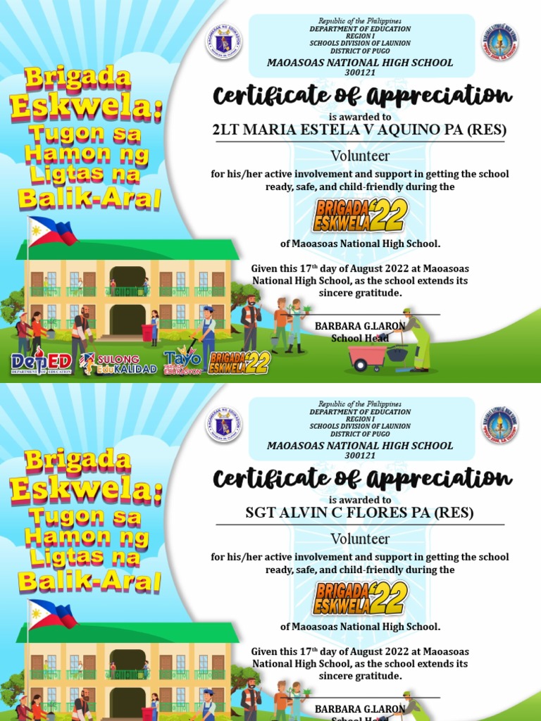 Brigada Eskwela Certificate of Participation and Plede of Commitment ...