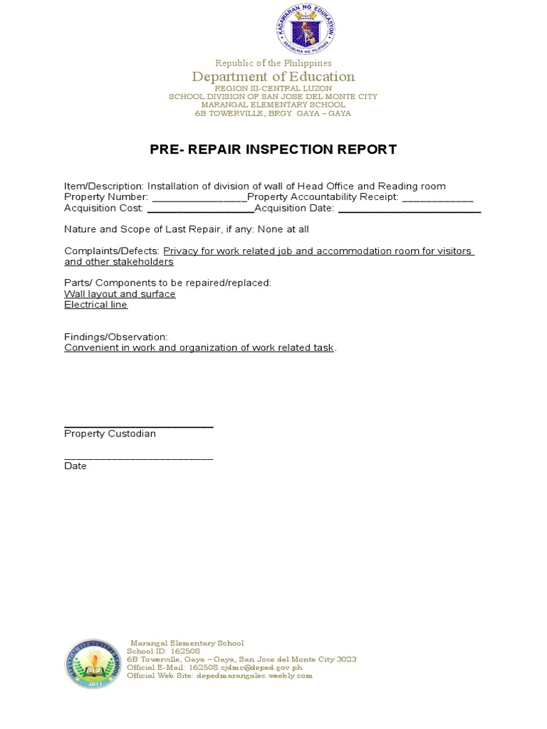 Department of Education: Pre-Repair Inspection Report | PDF