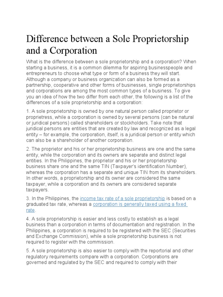 Sole Prop VS Corporation | PDF | Corporations | Sole Proprietorship