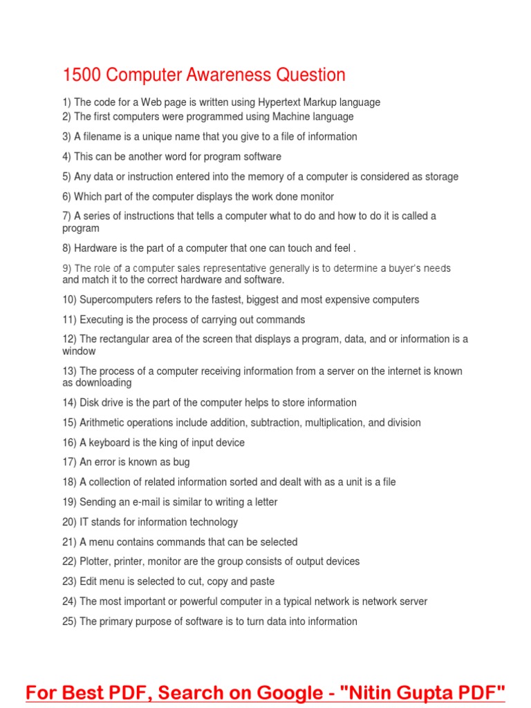 1500 Computer One Liners Questions in English | PDF | Computer Data Storage | Programming